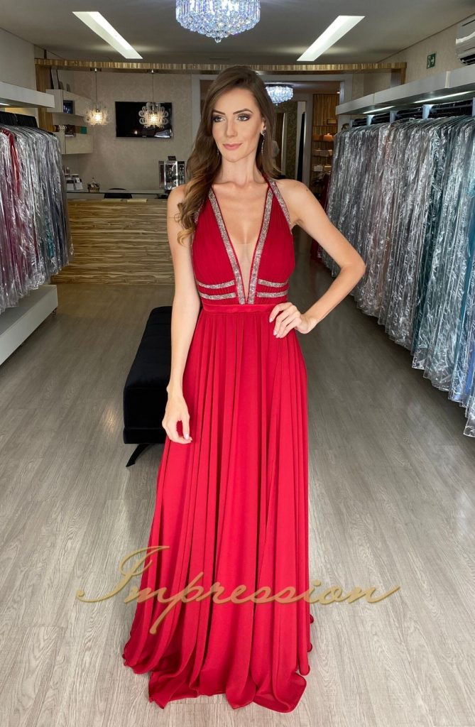 Vestido de Festa Longo Marsala com Strass | Impression Modas